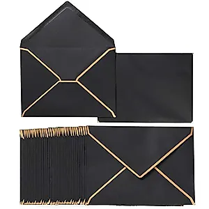 50 Pack A7 Envelopes 5 x 7 Card Envelopes Self-Adhesive V Flap Envelopes with Gold Border for Office, Wedding Gift Cards, Invitations, Graduation, Baby Shower, Parties (Black)