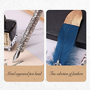 Quill Pen, Handmade Quill Feather Pen Set Antique Calligraphy Writing Quill Pen with Ink, Feather Pen with Ink and Steel Tips Calligraphy Set Quill Pen,6 Replacement Nibs/Contains ink（Navy Blue）1