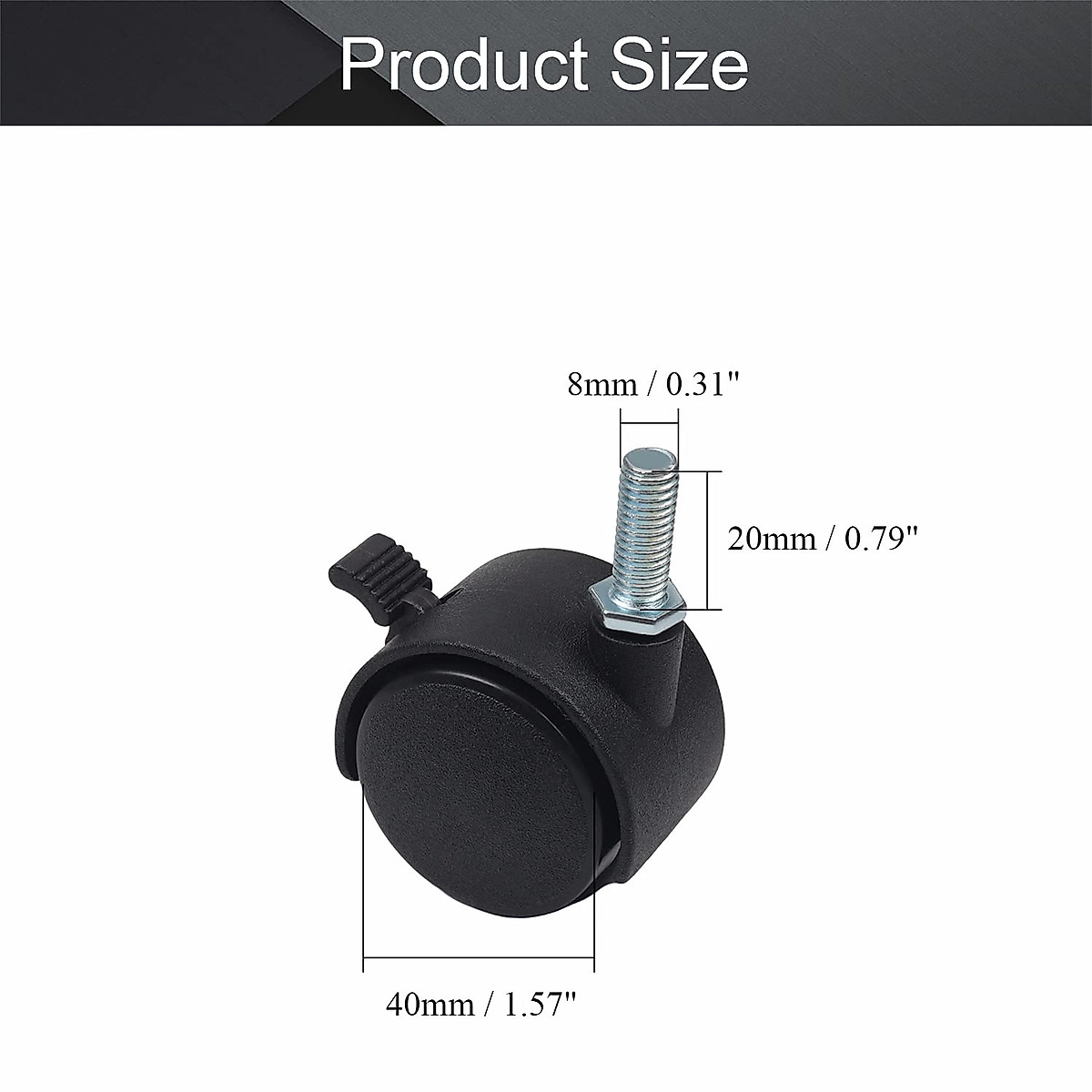 Caster Furniture，Rubbered Trolley Wheels ， Castor Wheels,Furniture Casters,M8 Threaded Stem 40mm Dual Wheel Rotatable Caster Black