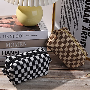 SOIDRAM 2 Pieces Checkered Cosmetic Travel Bags - Cute Makeup Pouch Organizers With Brush Storage for Women