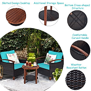 Tangkula 3 Pieces Patio Furniture Set, Outdoor Rattan Sofa and Side Table w/Solid Acacia Wood Frame, High Load Bearing Conversation Bistro Set w/Washable and Removable Cushions (Turquoise)