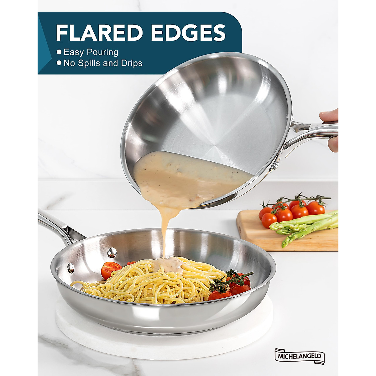 MICHELANGELO Stainless Steel Frying Pan Set, 8" / 9.5" / 11" Cooking Pans, Triply Base Stainless Steel Pan Set with Ergonomic Handle, Induction Compatible