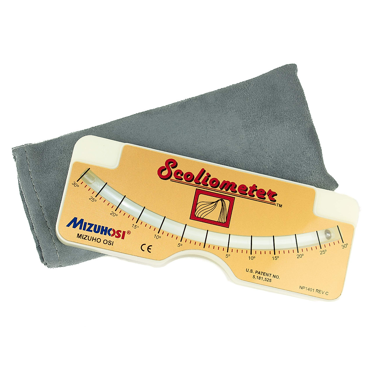 Scoliometer 57019 Medical Measuring Device for Back Scoliosis Diagnosis with Fabric Carrying Pouch