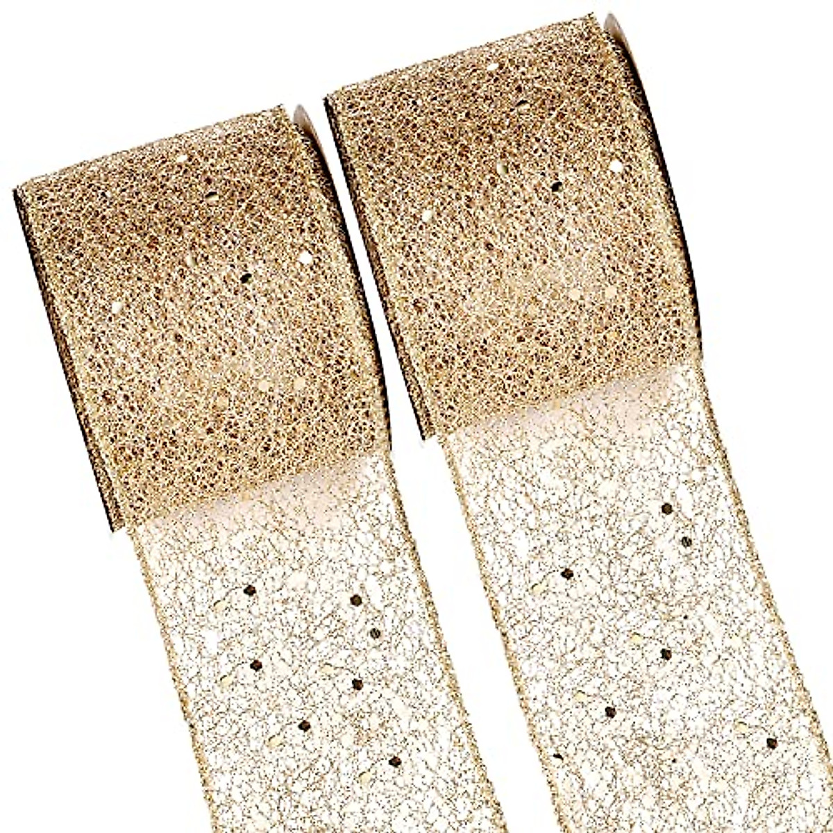 2 Rolls 20 Yards Christmas Halloween Metallic Wired Ribbons Glitter Ribbon for Crafts Valentine Floral Bow Making DIY Gift Wrapping Wedding Party Home Decor (Champagne, 2.5 Inch)