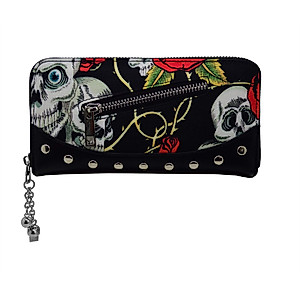 Lost Queen Skulls & Roses Women's Black Wallet Faux Leather Zip Around