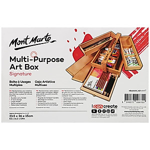 Mont Marte Multi-Purpose Wooden Art Box. 3 Layers of Storage for Organizing Art Supplies. Features a Leather Carry Handle for Easy Transport