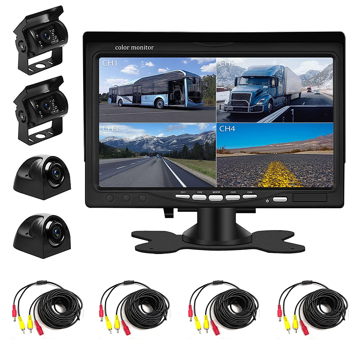 Backup Camera Kit 7 inch 4-Spilt Monitor Rear View Cameras with IP 67 Waterproof 18 IR Night Vision Car Camera for Tucks, RVs,Trailers,Bus,Vans + 4pcs 10m/393.7inch Cables