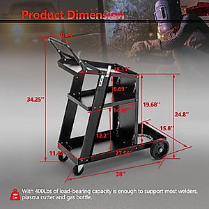 QUAWIP Welding Cart, 3-Tier Welder Cart Heavy Duty with 400Lbs Static Weight Capacity, 360° Swivel Wheels, Tank Storage Safety Chains, Rolling MIG Welder Cart for TIG, ARC, MMA Welding Machine