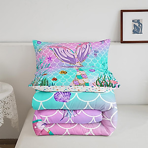 Erosebridal Twin Comforter Set for Girls, Mermaid Twin Bedding Sets for Girls Kids Toddler Ocean Fish Scales Quilt Rainbow Bedding Coastal Nautical Sea Animal Duvet Insert Teal Pastel Pink Room Decor