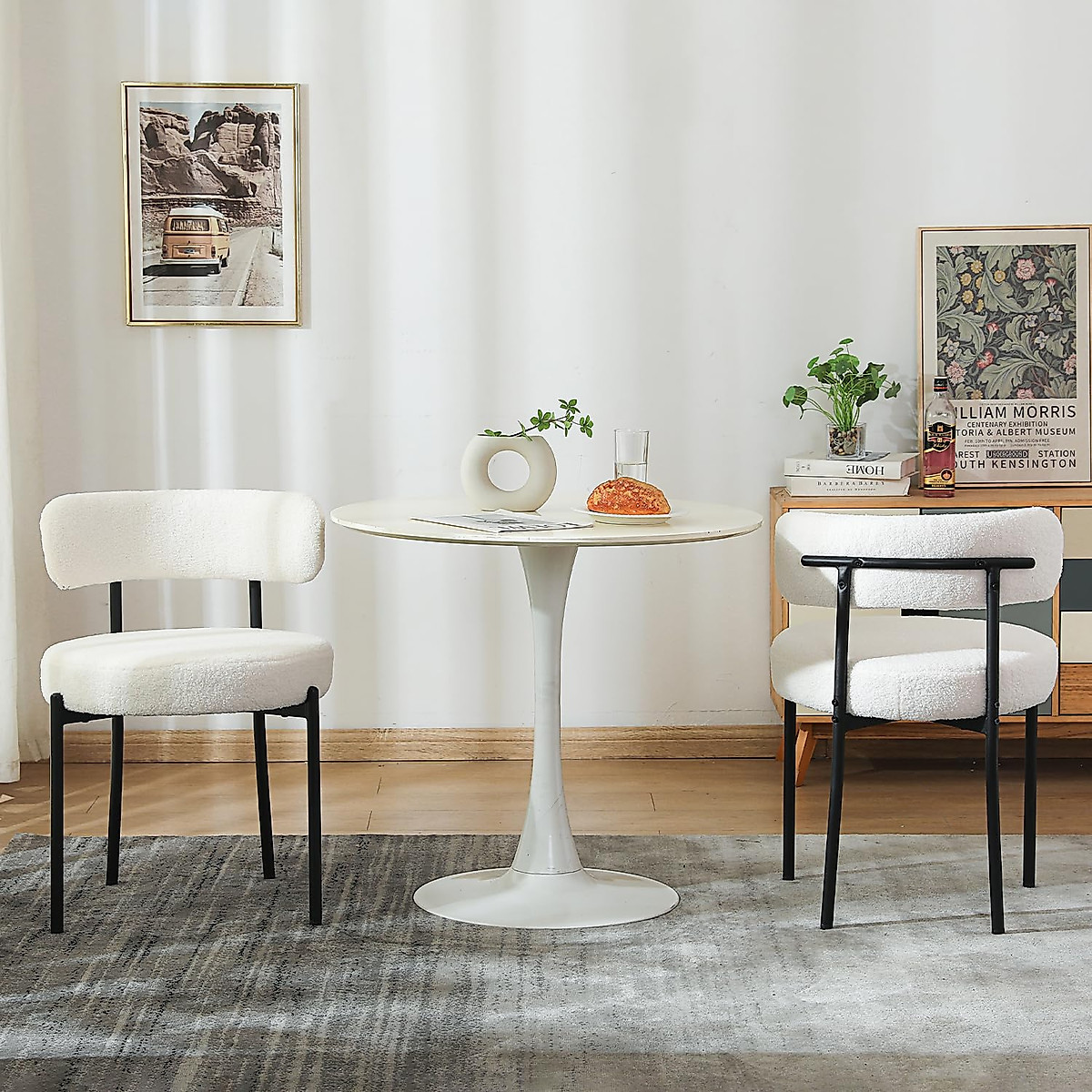 Hooseng White Dining Chairs Set of 2, Modern Kitchen Dining Room Chairs, Round Upholstered Boucle Chairs with Curved Backrest and Black Metal Legs for Kitchen, Dining Room, Living Room