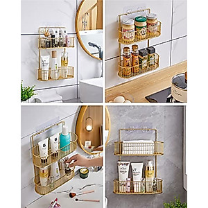 THCOFUUD No Drilling Shower Caddy, 3 Pack Rustproof Stainless Steel Organizer With Soap Holder & 2 Razor Hooks, Wall Mounted Shelves, Adhesive Rack, Large Capacity Basket for Storage, Gold Decor