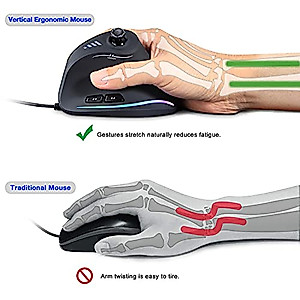 Gaming Mouse with 5 D Rocker, TRELC Ergonomic Mouse with 10000 DPI/11 Programmable Buttons, RGB Vertical Gaming Mice Wired for PC/Laptop/E-Sports/Gamer (Black)