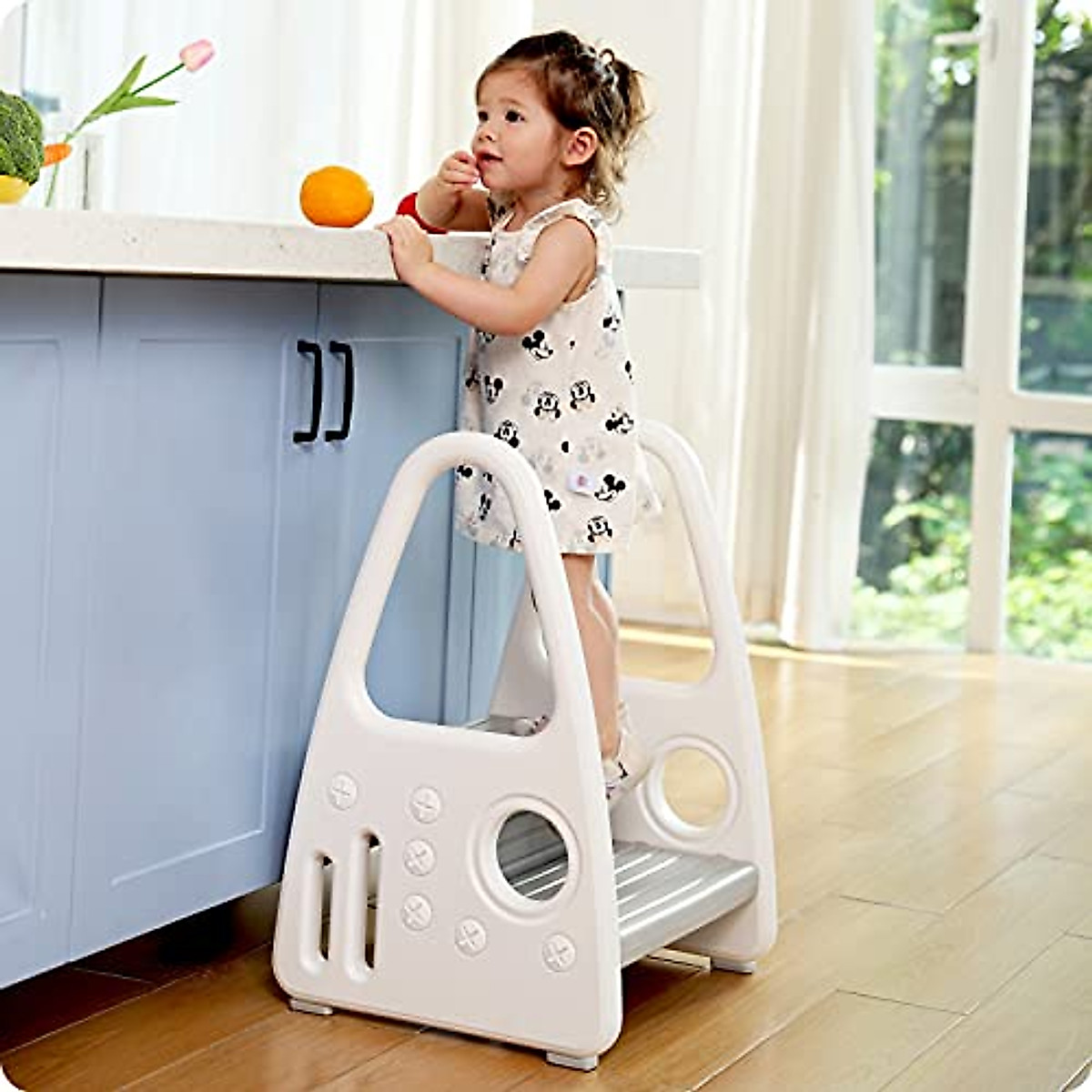 Toddler Step Stool, Kids Two Step Tower for Bathroom Sink, Toilet Potty Training, Kitchen Counter, Children Step Up Learning Helper with Safety Handles and Non-Slip Pads,Gray