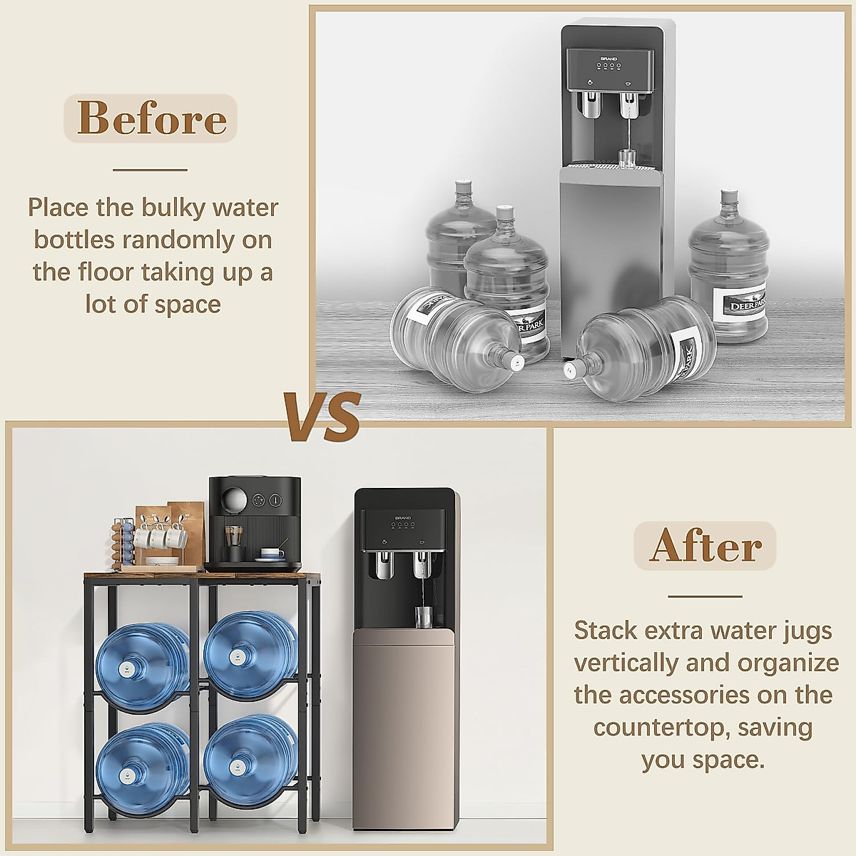 VINAEMO 5 Gallon Water Jug Holder, 3-tier Water Jug Stand with Extended Wood Tabletop Shelf, 4 Slots 5 Gal Water Bottle Holder Storage Rack with Water Dispenser Stand for Home,Office,Garage Organizer