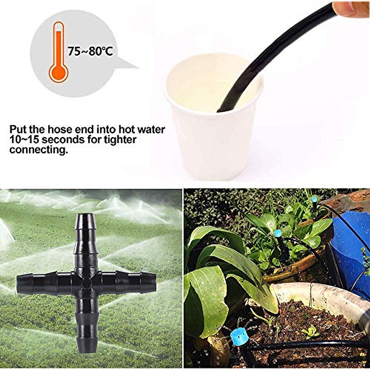 Kalolary 250PCS Irrigation Fittings Kit, Drip Irrigation Barbed Connectors for 1/4-Inch Tubing Flower Garden Lawn Irrigation (90 Straight Barbs + 70 Tees + 30 Elbows + 30 End Plug+ 30 4-Way Coupling)