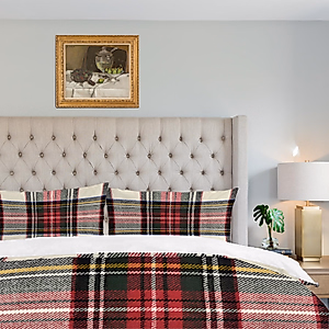 Shrahala Scottish Tartan Duvet Cover Set Queen Size, Green Wool Plaid Symmetric Square Fashion 3 Pieces Soft Brushed Duvet Covers with Button Closure (No Comforter)