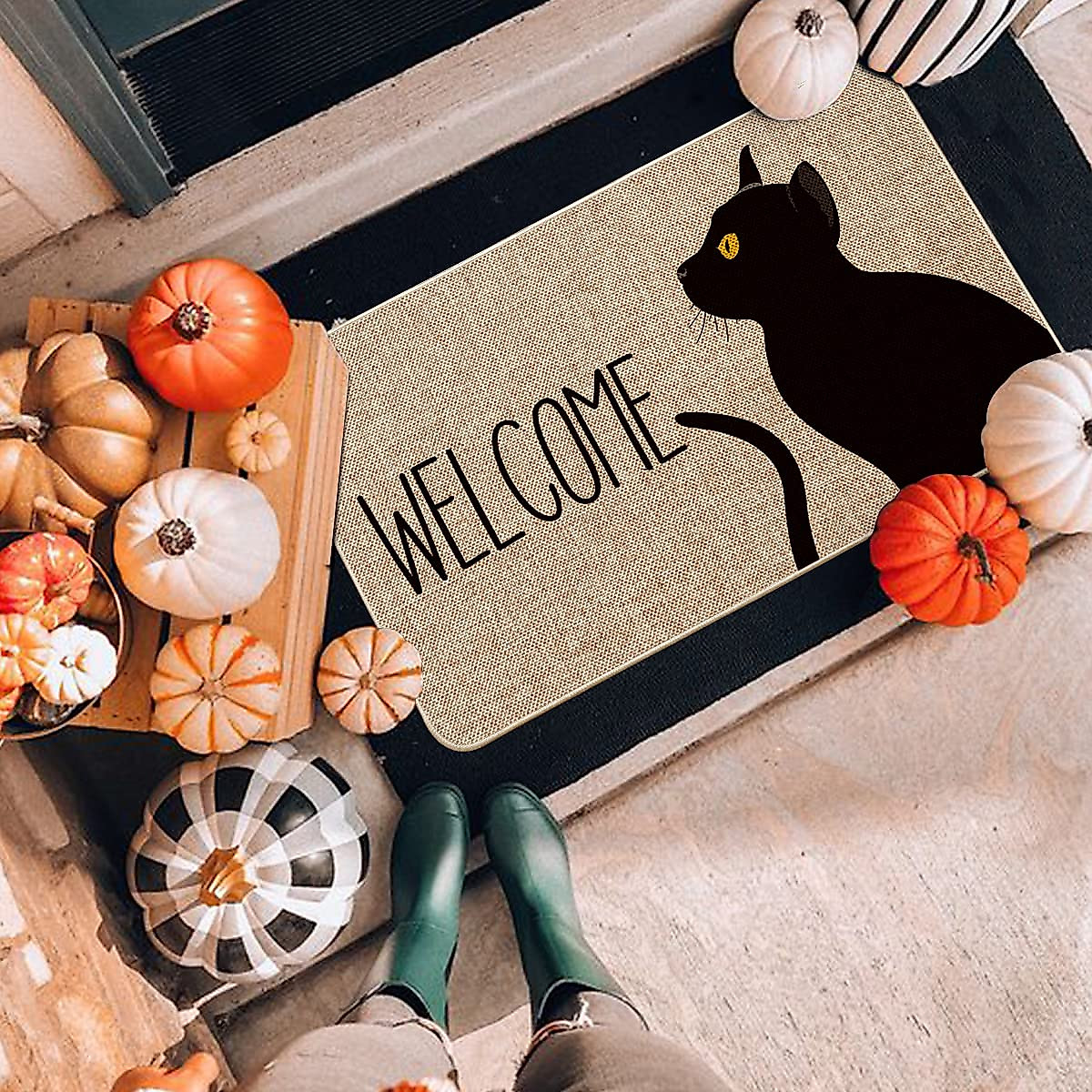 Artoid Mode Black Cat Welcome Decorative Doormat, Pet Halloween Floor Mat Switch Mat for Indoor Outdoor 17 x 29 Inch