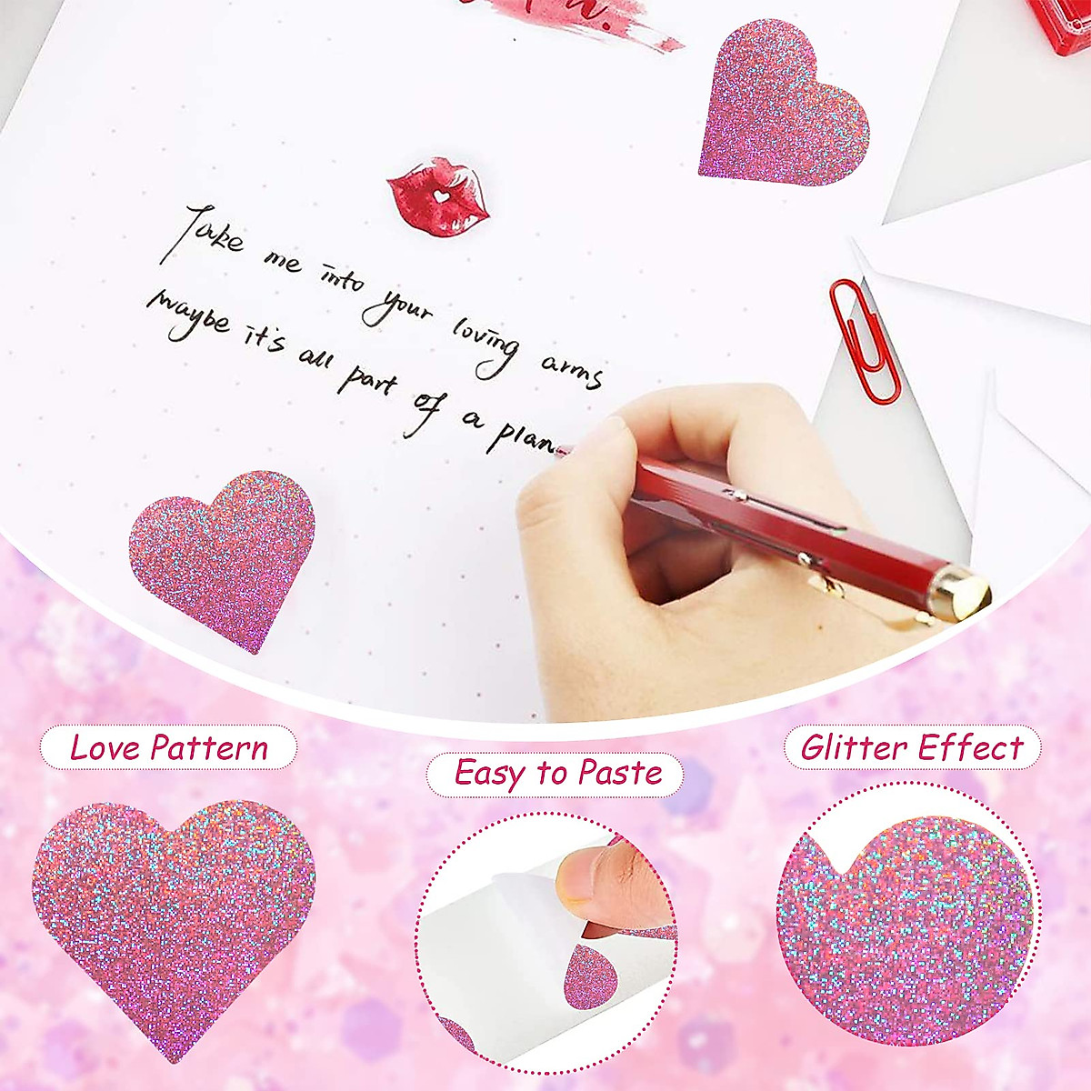 Glitter Pink Heart Stickers 1inch Valentine's Day Love Decorative Labels Roll Gift Set 1000PCS Sparkly Adhesive Decorations Accessories for Envelopes Crafts Wedding Anniversaries (1 Inch 1000pcs)