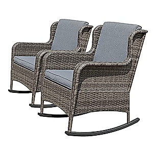 Soleil Jardin Outdoor Resin Wicker Rocking Chair with Cushions, Patio Yard Furniture Club Rocker Chair, Gray Wicker & Gray Cushions,Set of 2