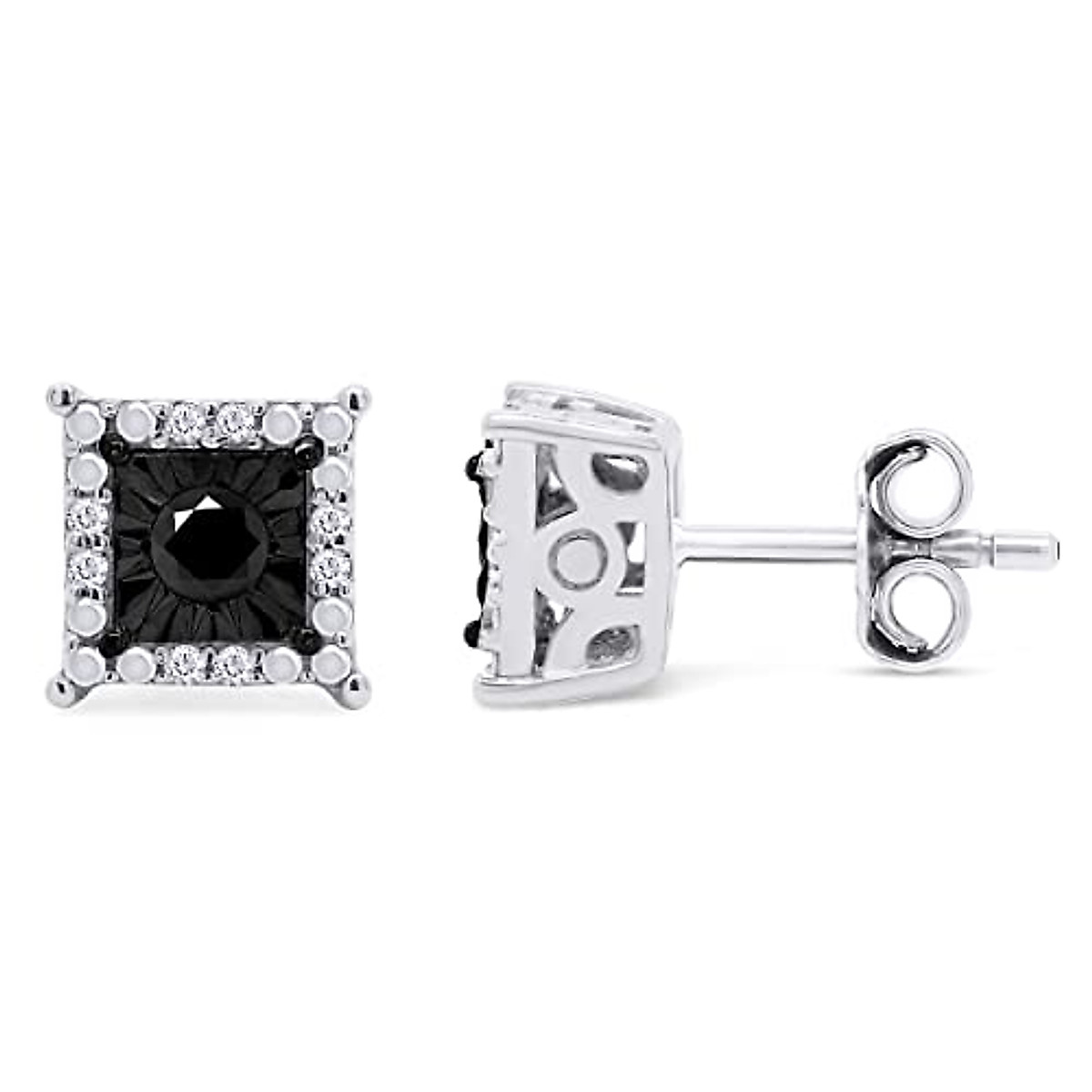 1/4 ctw Black Natural Diamond Square Frame Halo Cluster Miracle-Set Stud Earrings Womens 14k White Gold Over Sterling Silver (Black Color, I2-I3 Clarity, 0.25 Cttw)