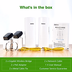 Wireless Bridge, 3KM Gigabit WiFi Bridges with 1000Mbps LAN Port, 16dBi Antenna, Adalov 5.8G Point to Point Wireless Bridges Outdoor, 900Mbps Plug and Play High Speed CPE, 24V POE Adapter, 2 Pack