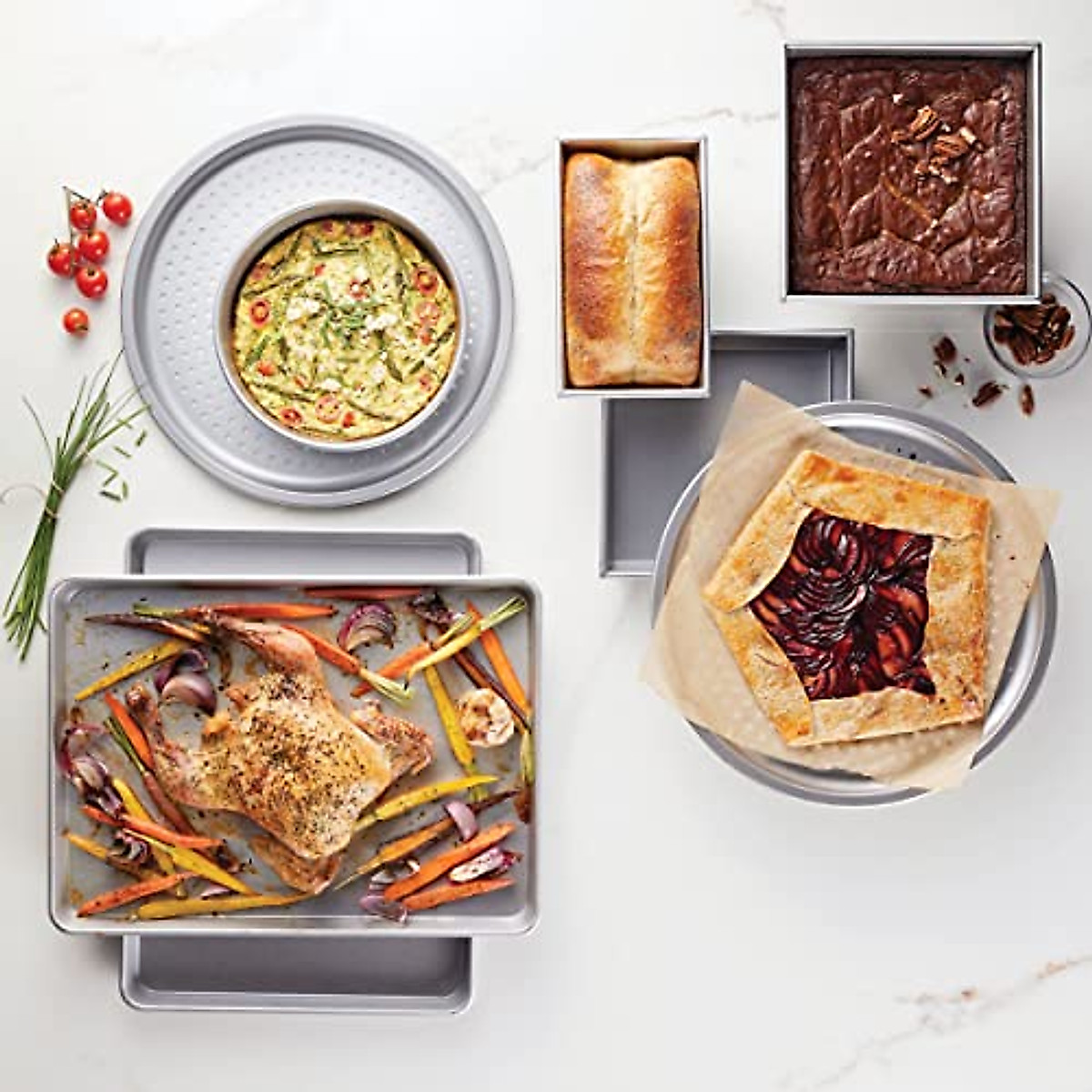 Anolon Pro-Bake Aluminized Steel Bakeware Set, Includes Cookie Pans, Loaf and Pizza Pan, 4 Piece - Silver