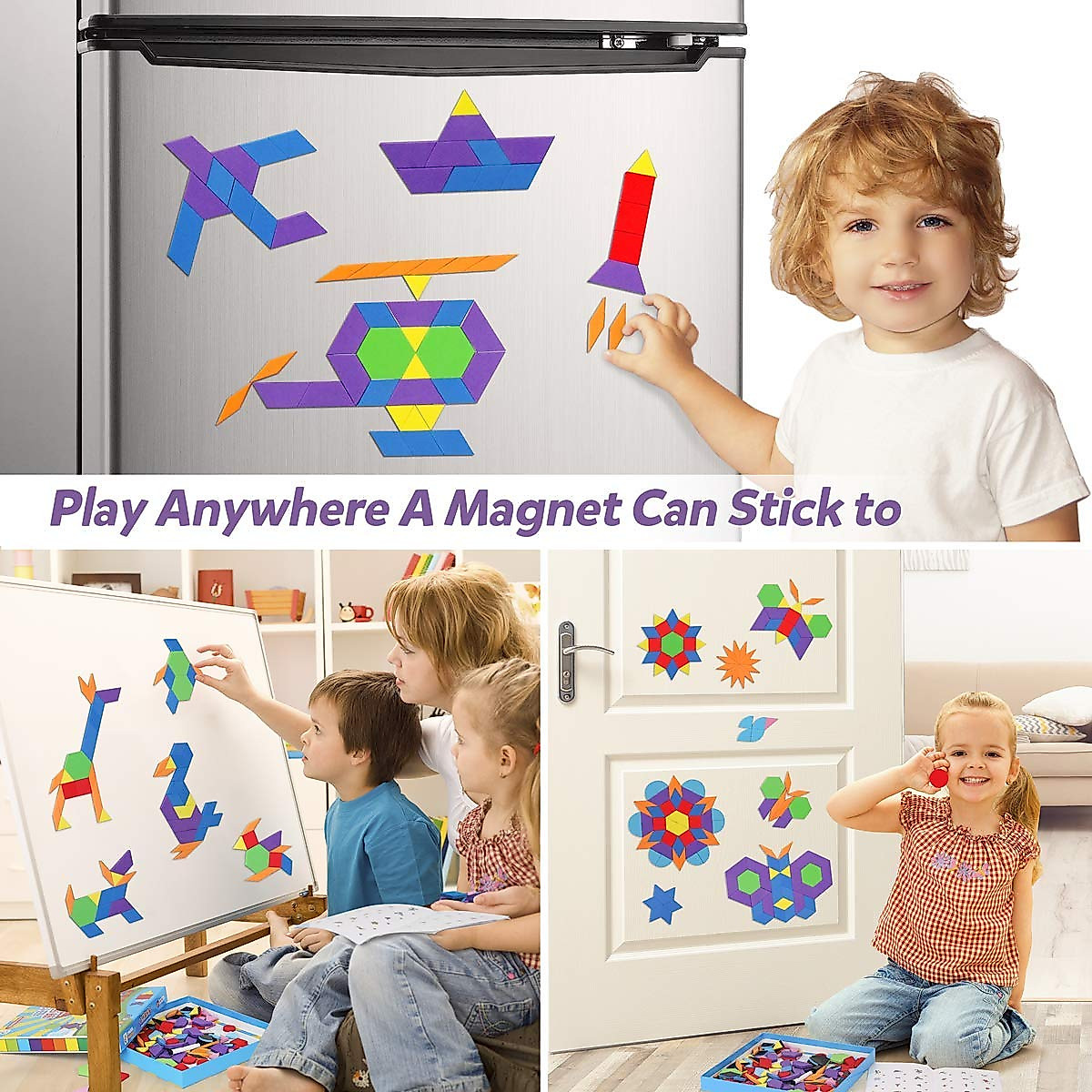 Vanmor 216PCS Magnetic Pattern Blocks Set Complete with 298 Pattern Book & Magnet Board, Magnetic Shapes for Kids, Educational Montessori Tangram Toy for Children Aged 3-8