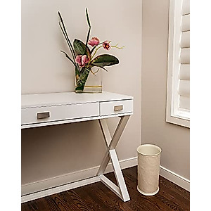 Made in USA Set of 2 Faux Beige Leather 5-Gallon Vinyl Waste Basket & Cube Tissue Box Cover