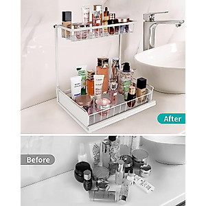 Under Sink Organizer,Metal Pull Out Kitchen Cabinet Organizer with Sliding Drawer,Sturdy Multi-Functional for Bathroom Organization,White