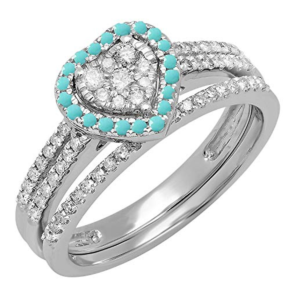 Dazzlingrock Collection Round Turquoise & White Diamond Ladies Heart Shaped Wedding Ring Set in 14K White Gold, Size 7