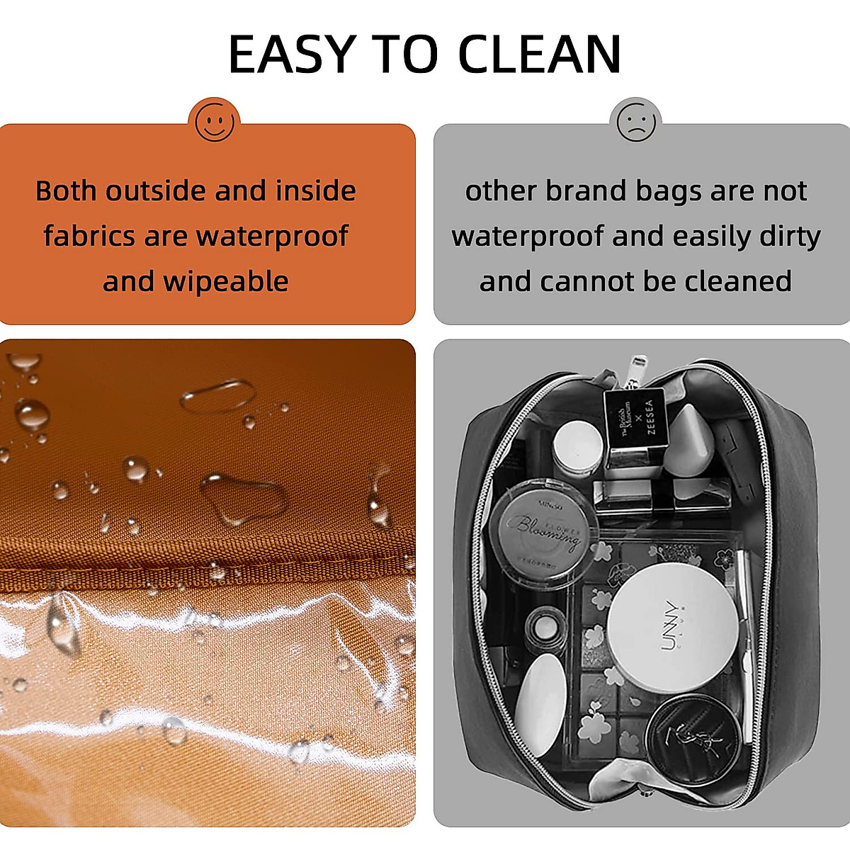 Makeup Bag,Large Capacity Travel Cosmetic Bag for Women, Multifunctional Open Flat Toiletry Bag with Handle,Washable Waterproof Beauty Zipper Makeup Organizer (Synthetic leather, brown)