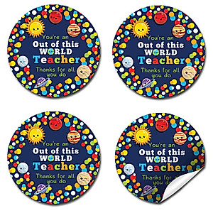 Out of This World Outer Space Themed Teacher Appreciation Thank You Sticker Labels, 40 2" Party Circle Stickers by AmandaCreation, Great for Envelope Seals & Gift Bags