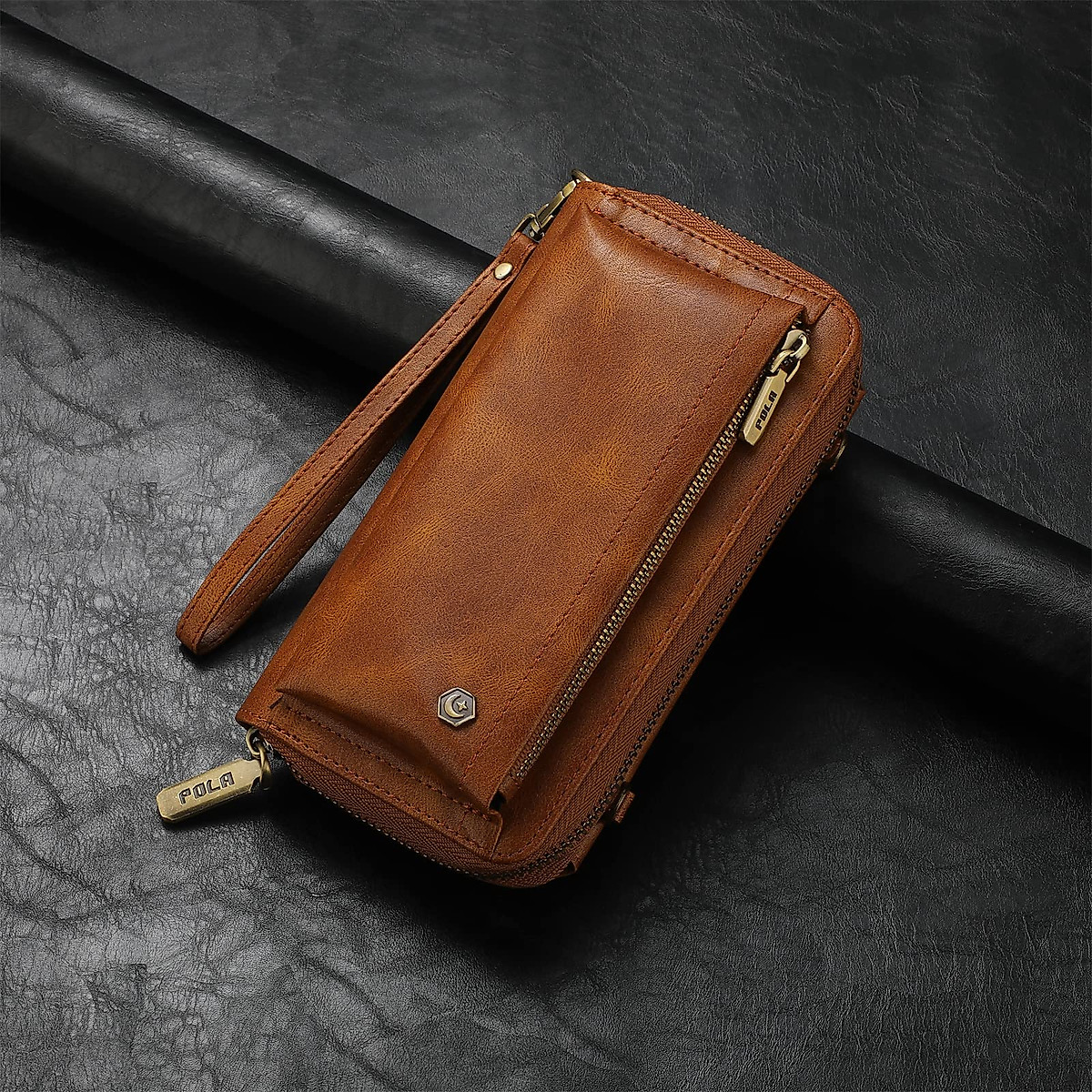 nincyee Multifunction Wallet Case for iPhone 12 Pro Max,Large Capacity Leather Zipper Clutch Bag Case with Shoulder Strap Brown