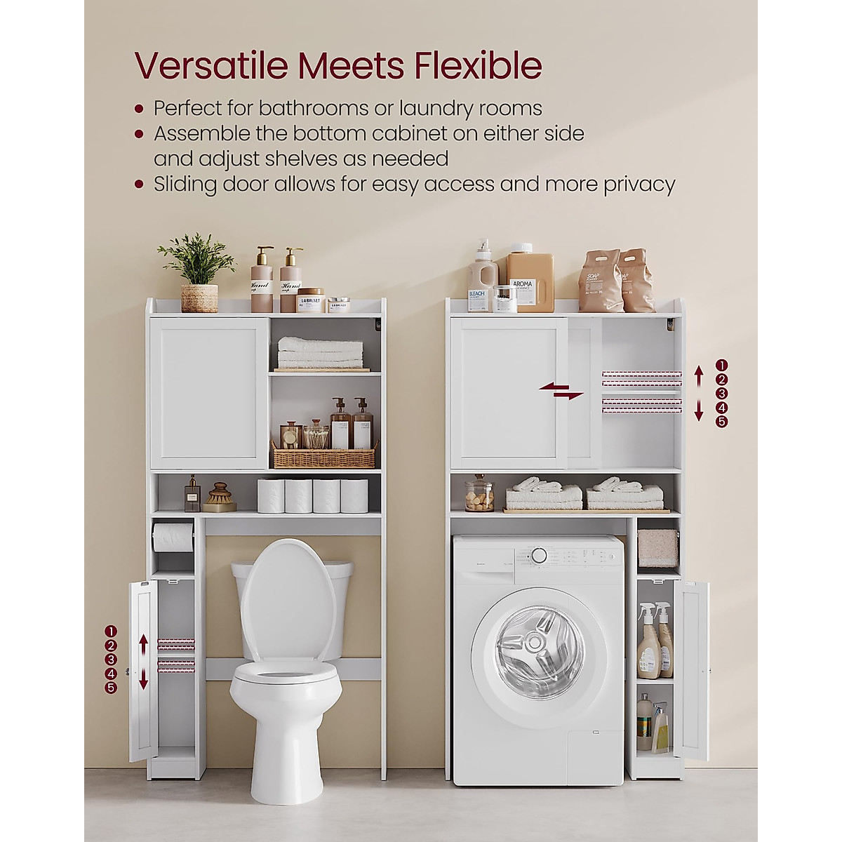 VASAGLE Over The Toilet Storage Shelf, Bathroom Storage Cabinet with Sliding Door, Adjustable Shelves, Toilet Paper Holder, Space-Saving, Modern, 9.8 x 32.7 x 66.9 Inches, Cloud White UBTS018W01