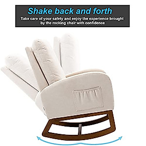 Rocking Accent Armchair with Side Pocket, Upholstered Mid-Century Nursery Chair for Kids with High Backrest Fabric Rocker for Home Living Room Office, Rubber Wood Legs(Coffee Color)