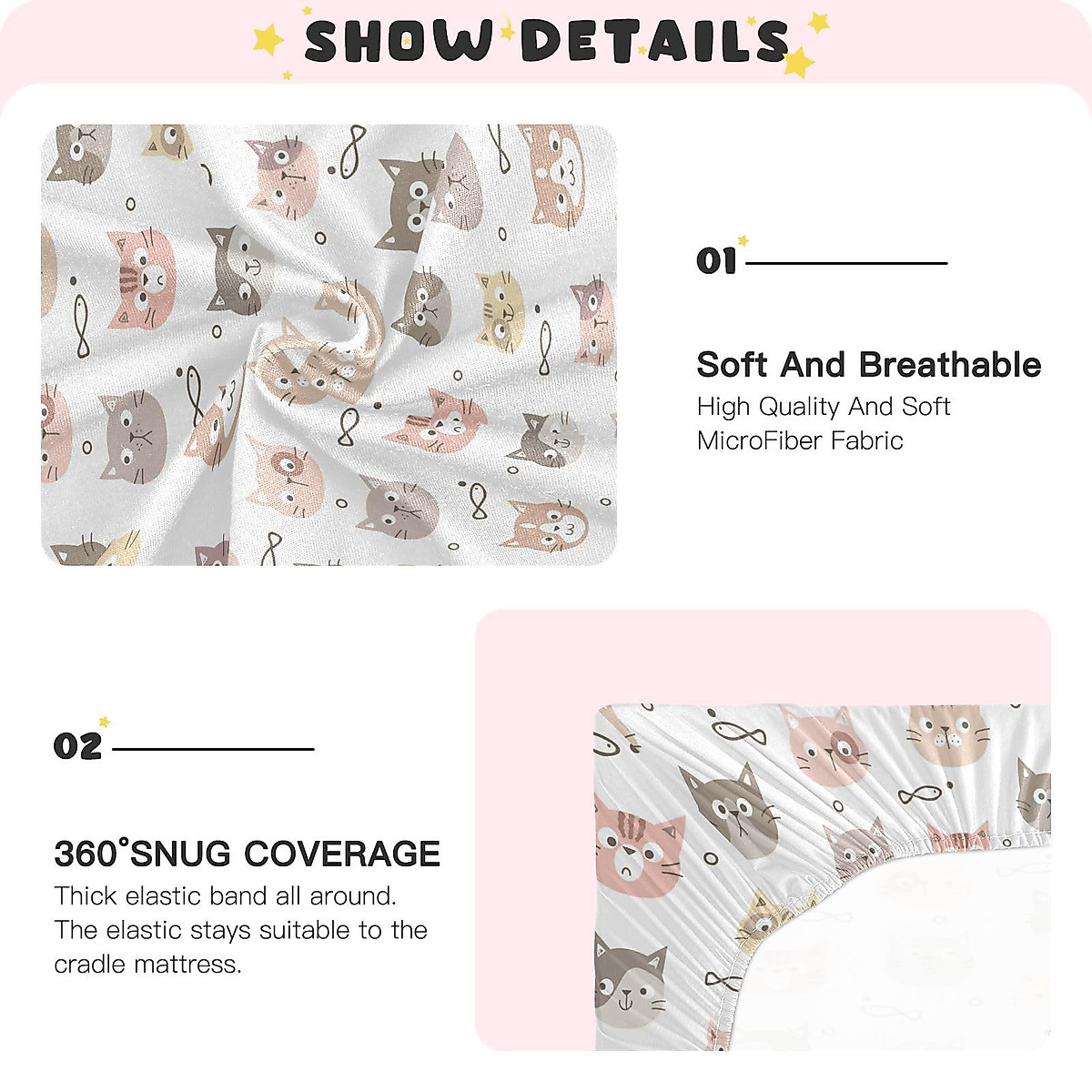 Kigai Cartoon Cat Face Crib Sheets for Boys Girls, Soft and Breathable Pack n Play Sheets, Portable Mini Stretchy Cribs Sheets, 52x28 Inch