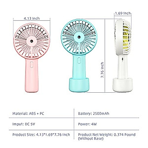 Portable Misting Fan, Handheld Personal Mist Fan, Battery Operated Rechargeable Mini Mister Fan 2500 mAh with Water Spray, Small Cooling Up to 7.8h for Travel, Desk, Camping