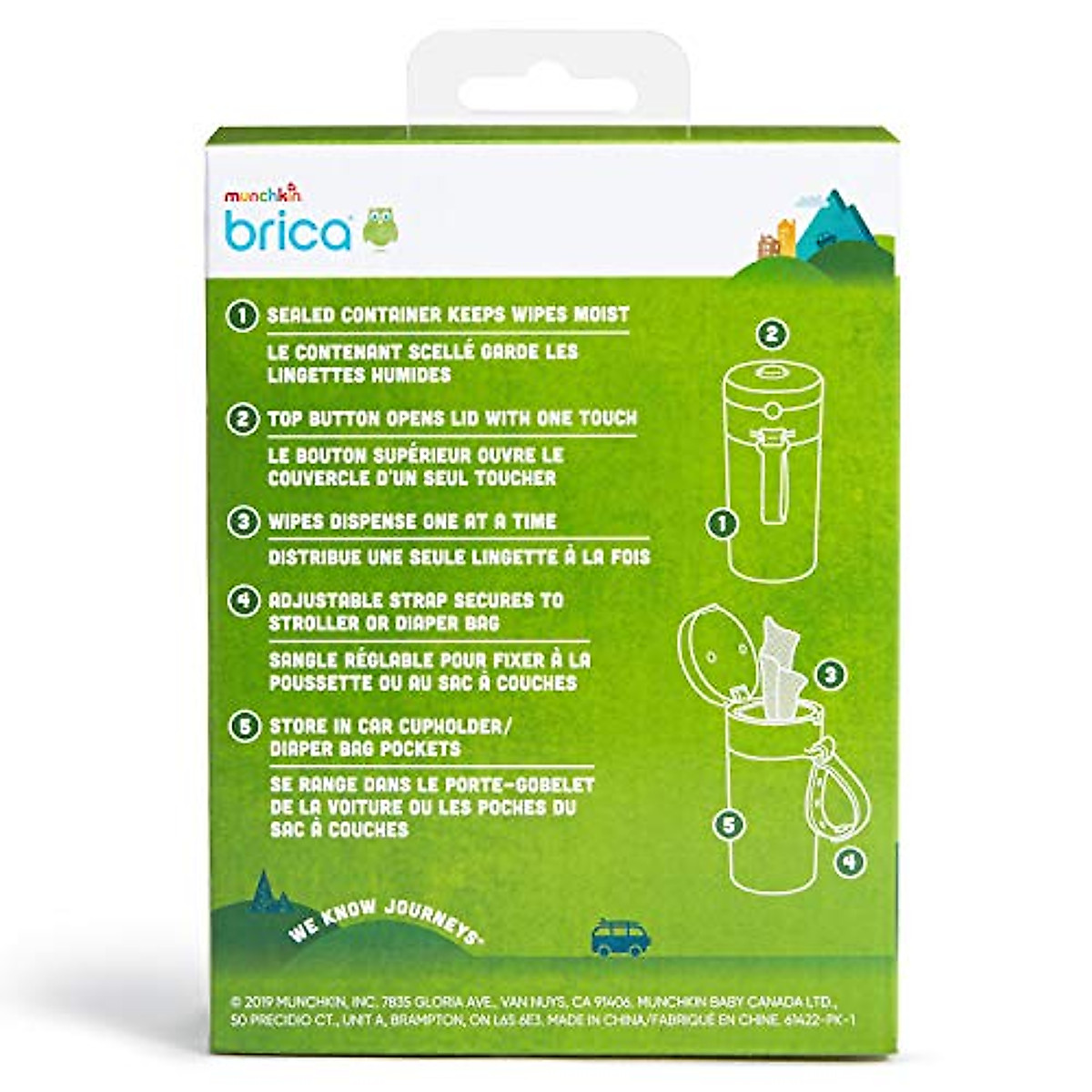 Brica Clean-to-Go Wipes Container Starter Pack, Includes 60 Unscented Hand & Face Baby Wipes, 99% Water Wipes with Chamomile & Aloe