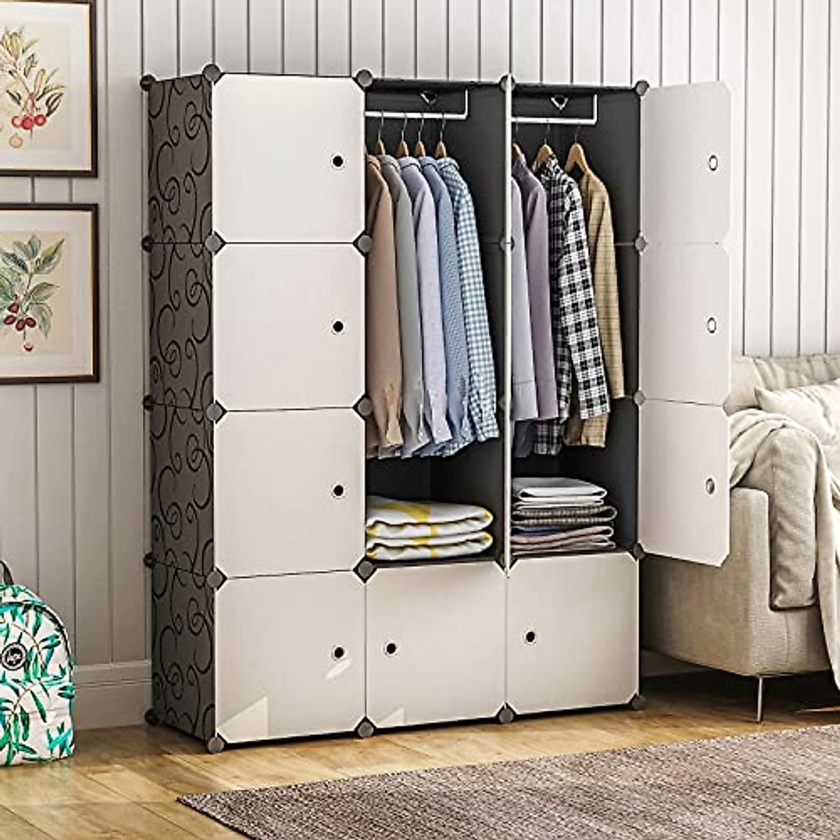 Aeitc Portable Wardrobe Closets 14"x18" Depth Cube Storage, Bedroom Armoire, Storage Organizer with Doors, 12 Cubes, Black