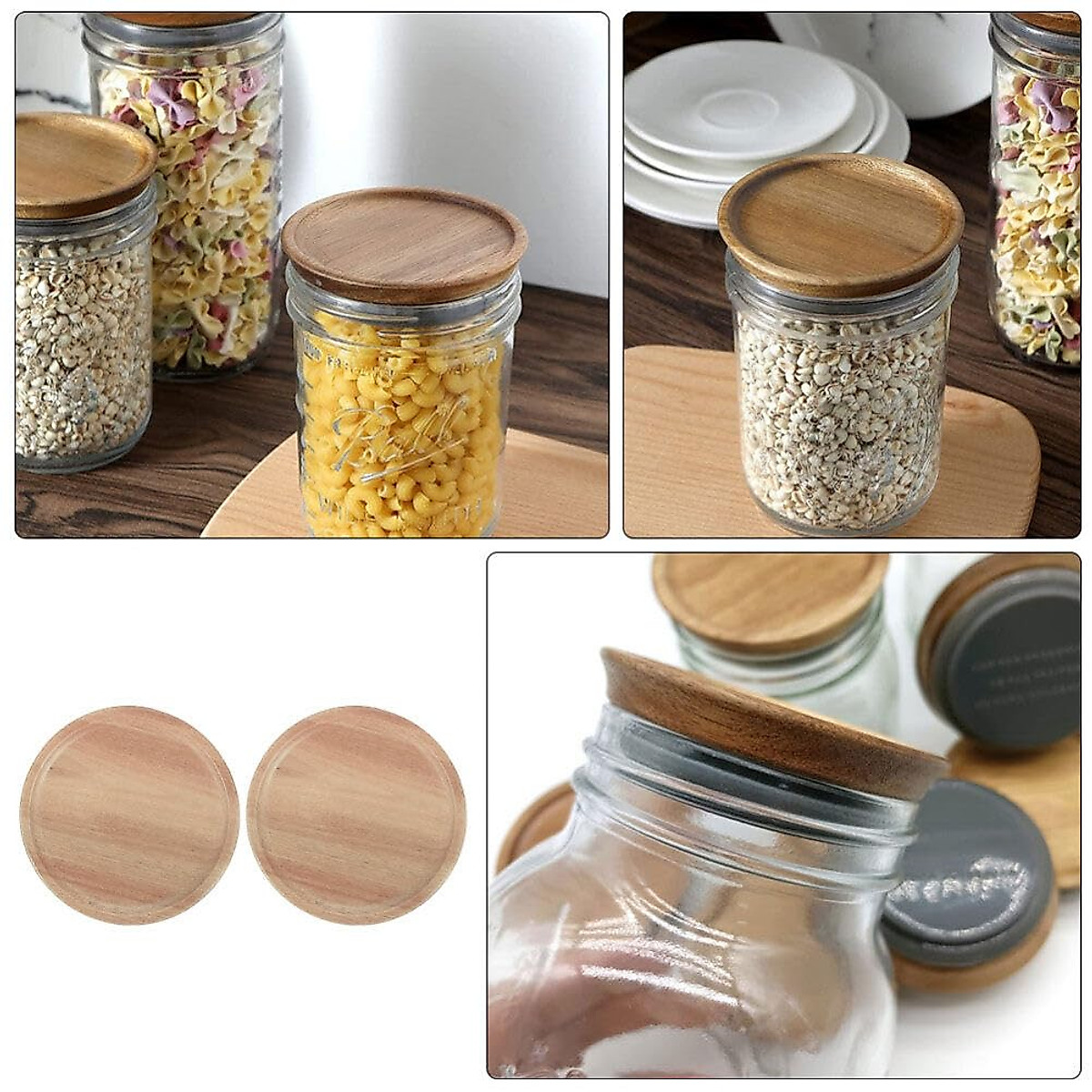 2pcs Mason Jar Silicone Lid Glass Jar Mason Jar Covers Mason Jar Protective Lids Anti-leak Bottle Covers Wide Mouth Canning Lids Glass Storage Jar Covers Glass Jar Wooden Lids