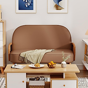 WENTMENT Loveseat Sofa Small Couch for Living Room, Faux Leather Mini Couch Love Seat with Natural Rattan Armrest and Solid Wooden Legs Small Sofa for Small Space, Bedroom, Apartment（Brown）