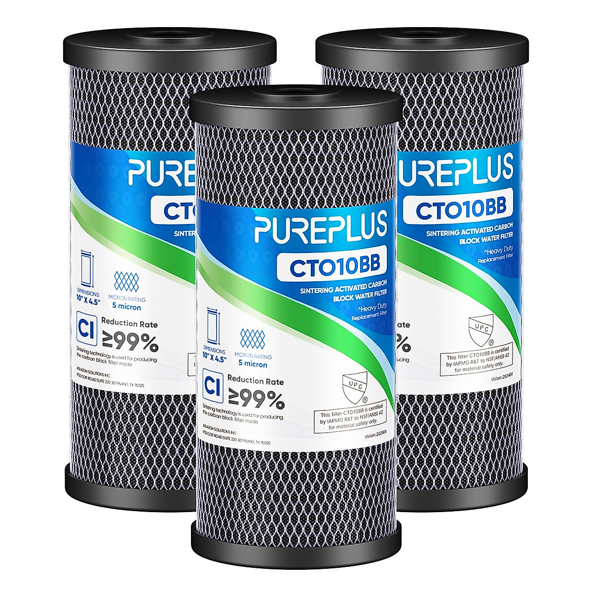PUREPLUS Coconut Shell Water Filter Cartridge | Activated Carbon Block CTO | Universal Whole House 5 Micron 10 inch Cartridge | Compatible with WFHDC8001, CB-BB-10, EPM, EP-BB, 3Pack