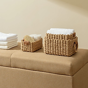 LA JOLIE MUSE Small Wicker Baskets for Organizing, Bathroom Basket with Handle, Recycled Paper Rope Storage Basket for Shelves Bathroom Cupboards Drawer, Decorative Square Basket Organizer Set of 3