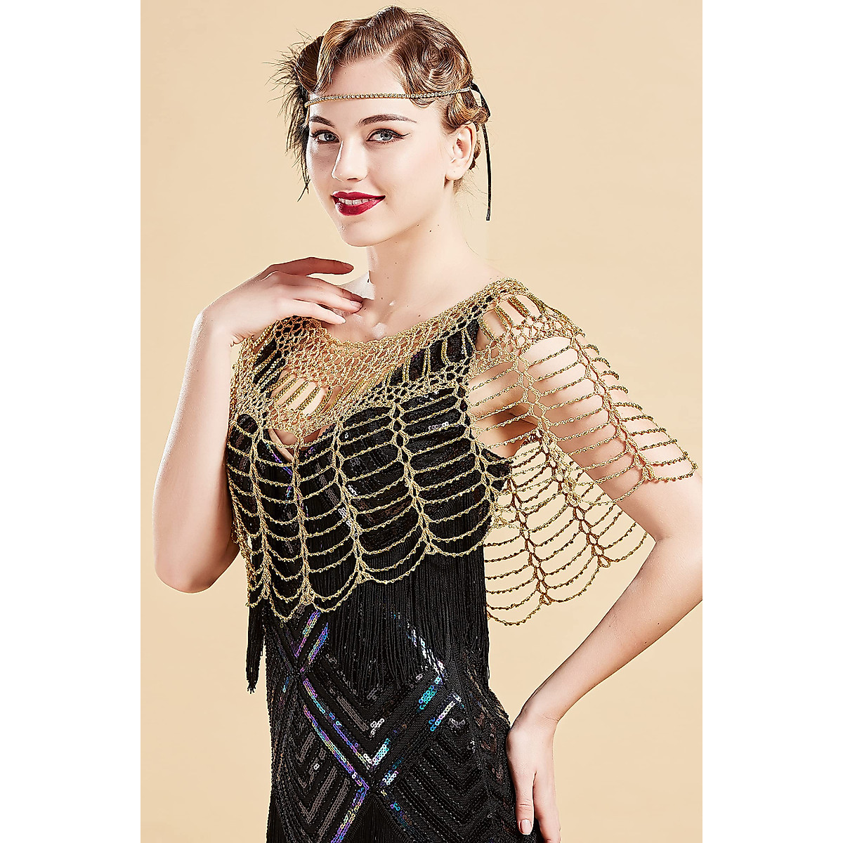 BABEYOND 1920s Shawl Wraps Gatsby Beaded Evening Cape Bridal Shawl Bolero Flapper Cover Up (Gold)