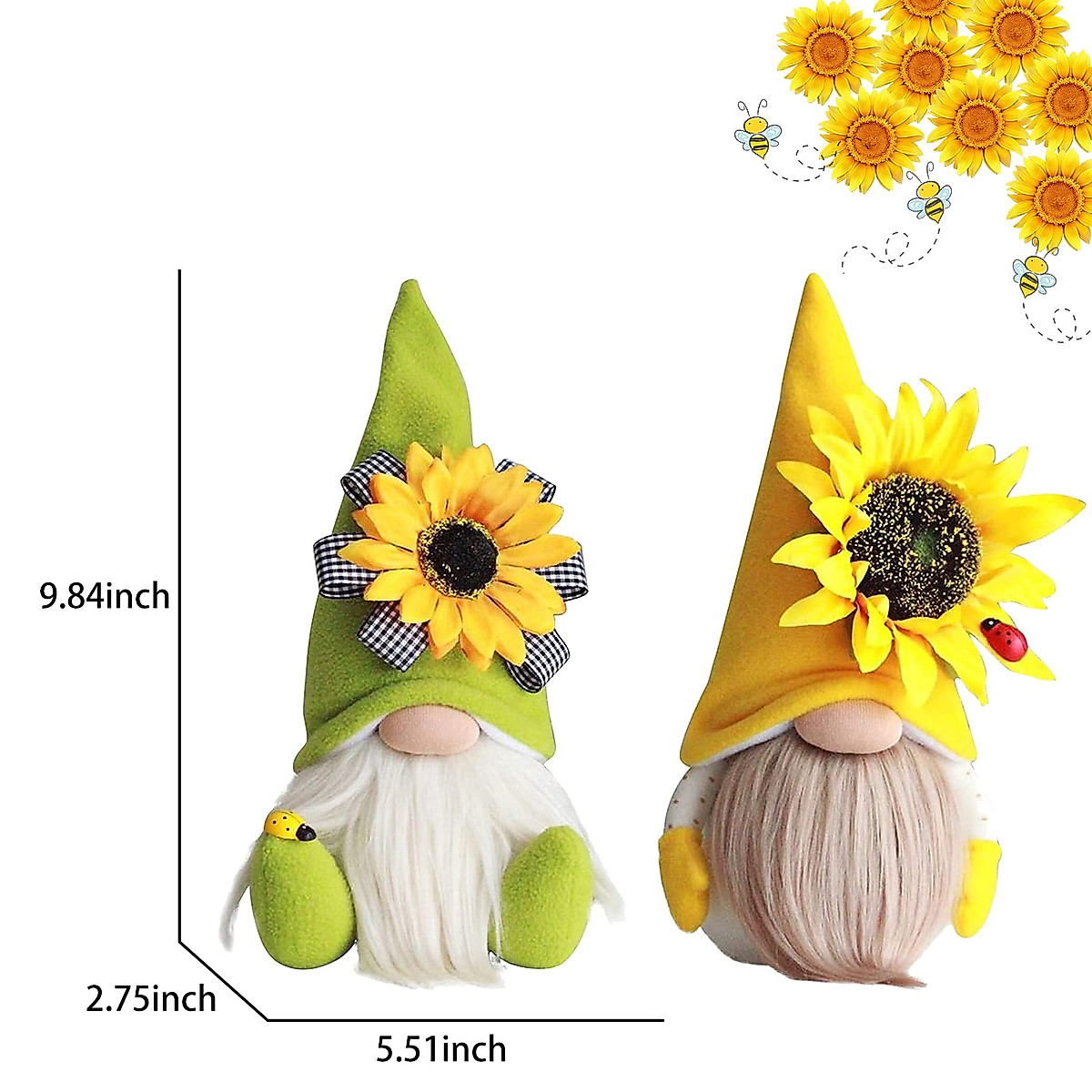 BERNIE ANSEL 2 Pcs Sunflower Gnome,Summer Gnomes Flannelette Doll, Spring Gnomes Plush, Spring Cute Faceless Doll Tomte Nisse Elf Bee Festival Home Farmhouse Kitchen Decor