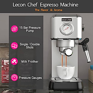 lecon chef Espresso Machine 15 Bar Coffee Machine With Steam Milk Frother Stainless Steel Coffee Maker 34oz Water Tank 1350W for Latte, Cappuccino