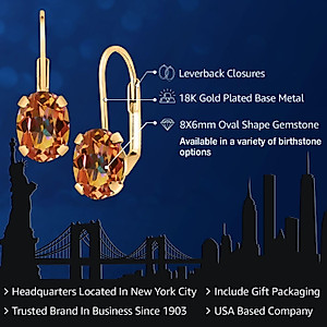 Gem Stone King 18K Gold Plated Silver Gemstone Birthstone Leverback Dangle Earrings | Oval 8X6MM | Gold Earrings for Women