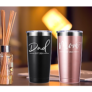Dad Mom Est 2024 20 OZ Tumbler.Anniversary New Parents Pregnancy New Dad Mom Parents to be Gift.Father's Mother's Day Couples Gifts.New Dad New Mom Mom to Be Dad to Be Gifts.(Black&Rose Gold)