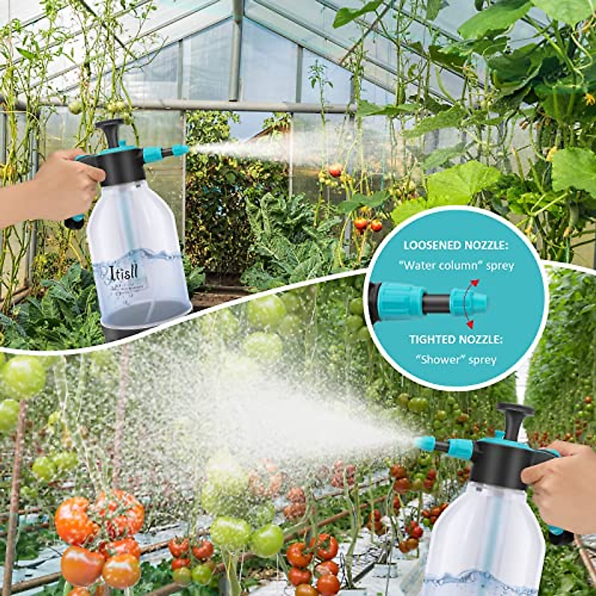 Itisll Manual Garden Sprayer 360 Degree Adjustable Brass Nozzle Hand Lawn Pressure Pump Sprayer Safety Valve with Extended Spray Wand, Durable Polyethylene Rod 0.5 Gal