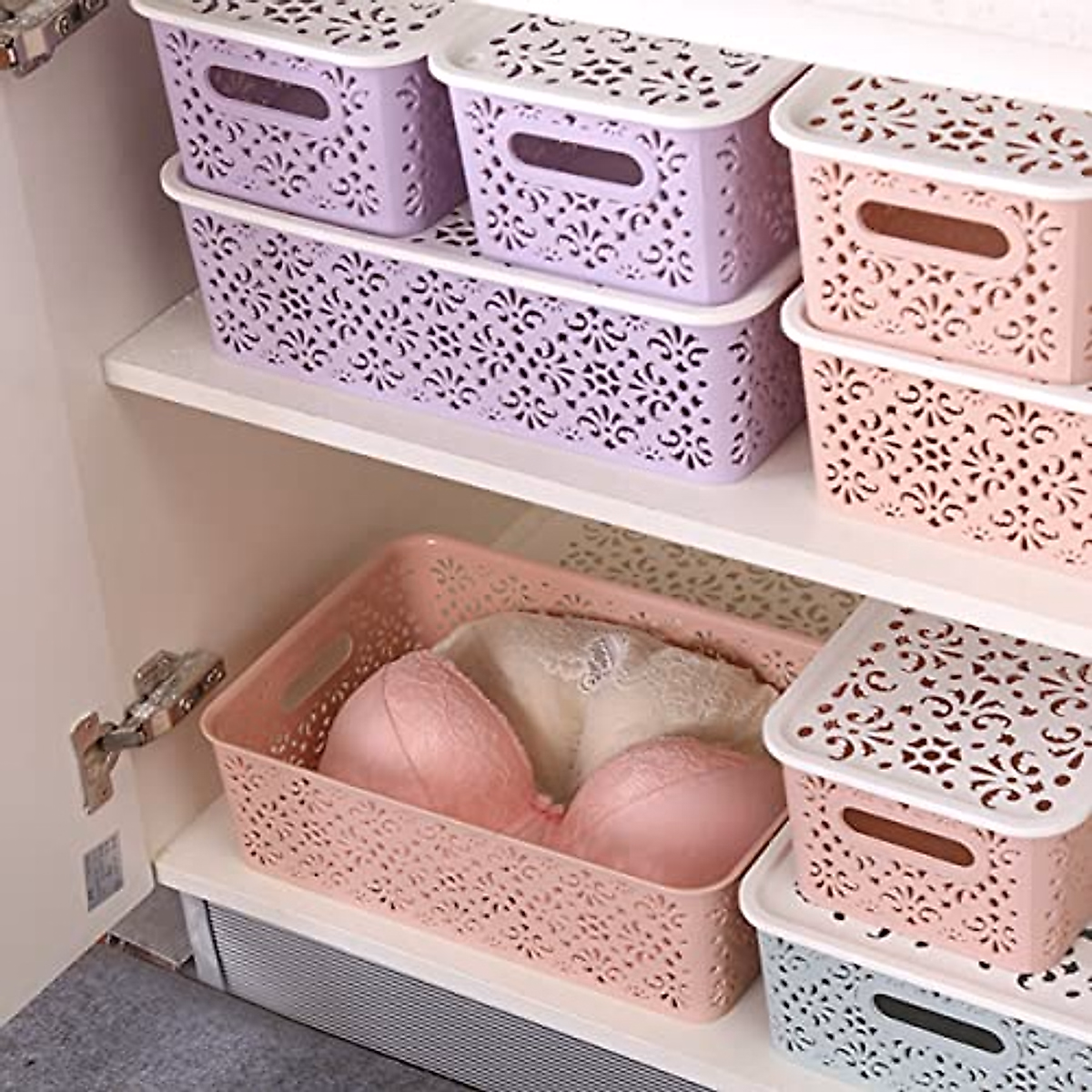 Cabilock Box Storage Basket Pantry Clothes Organizer for Closet Small Storage Bins Underwear Storage Organizer Hollow Storage Drawers for Clothes Stackable Basket Pink Clothing Container